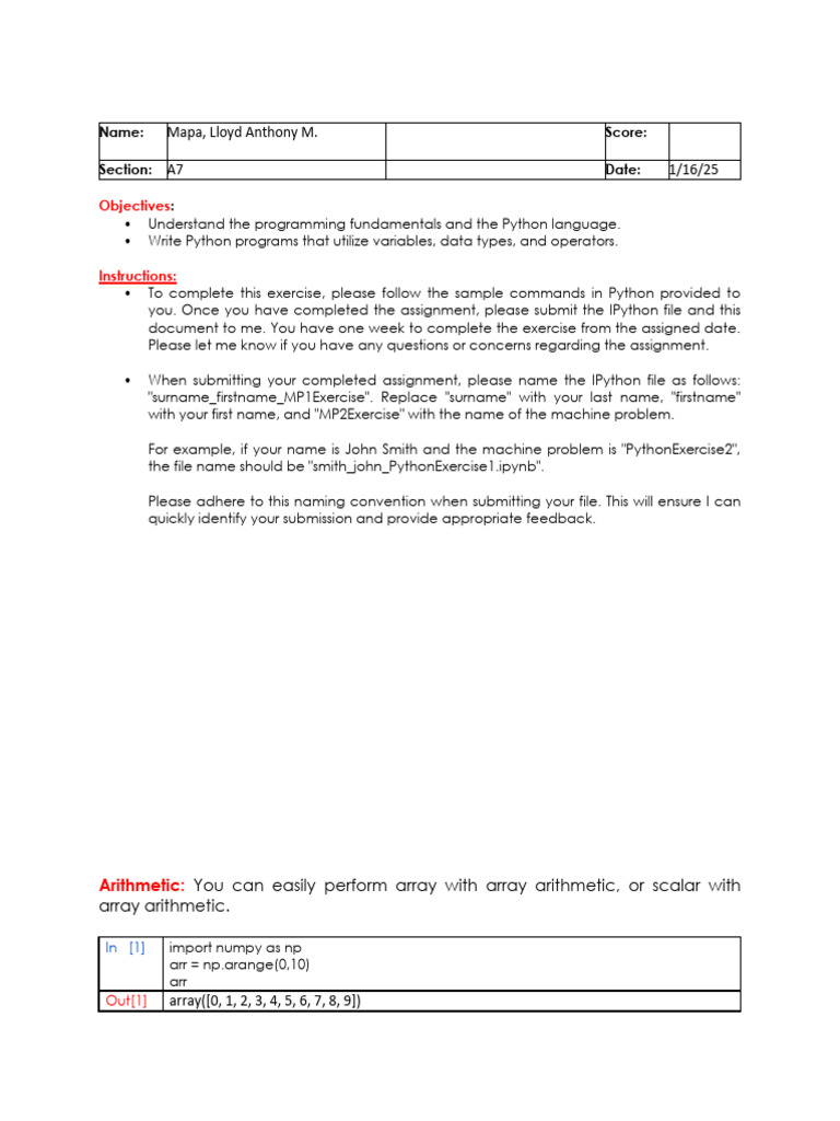MP2 Exercise 03 - NumPy Operations | PDF | Matrix (Mathematics) | Exponential Function