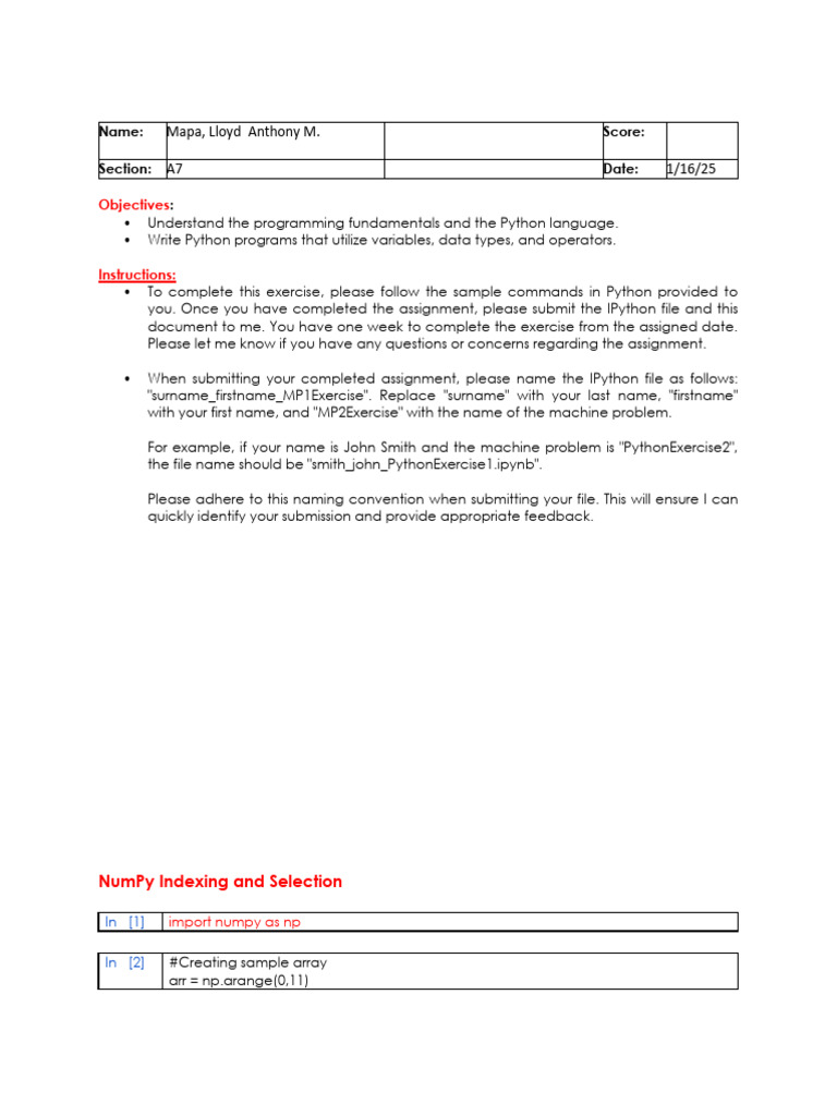 MP2 Exercise 02 - NumPy Indexing and Selection | PDF | Software Engineering | Computing