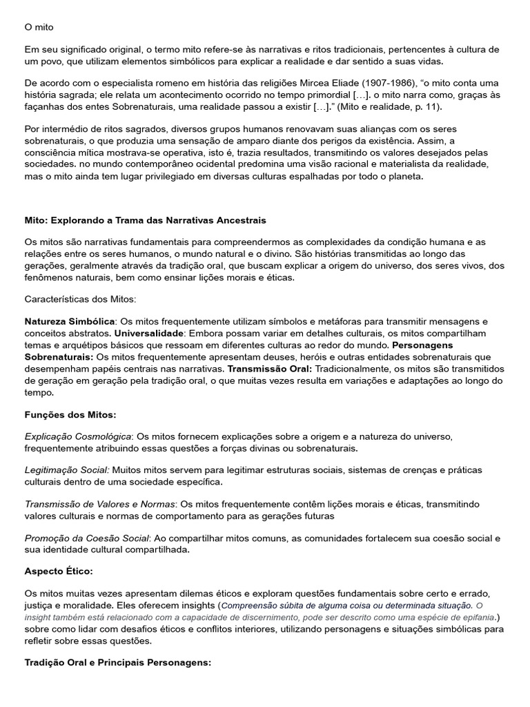 O Mito - Texto e Atividades | PDF | Mitologia grega | Sociologia