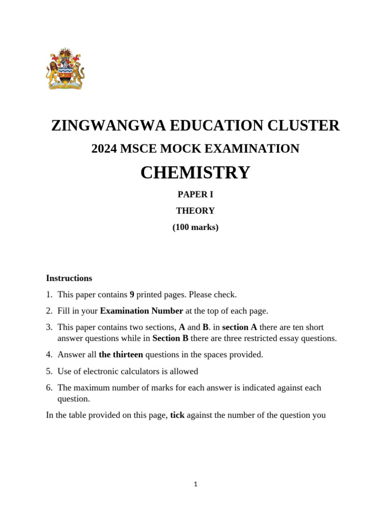 CHEMISTRY PAPER I | PDF | Gases | Water