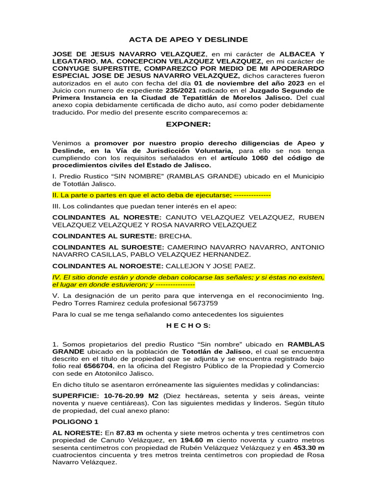 Diligencias de Apeo y Deslinde Jalisco | PDF