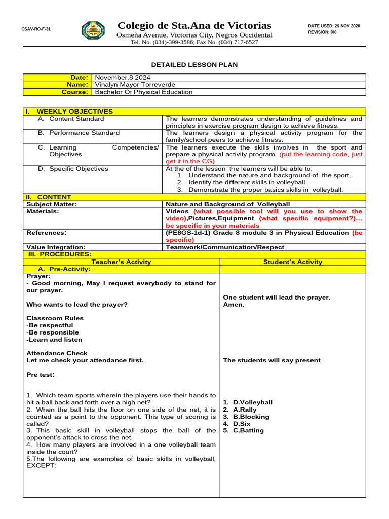 Vinalyn Detailed Lessonplan | PDF | Volleyball