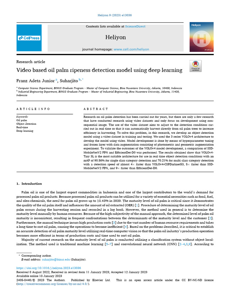 2023 Video Based Oil Palm Ripeness Detection Model Using Deep Learning Pdf Video Applied