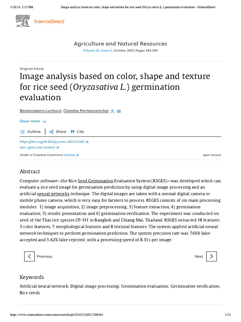 2017 - Image Analysis Based On Color, Shape and Texture For Rice Seed (Oryza Sativa L ...