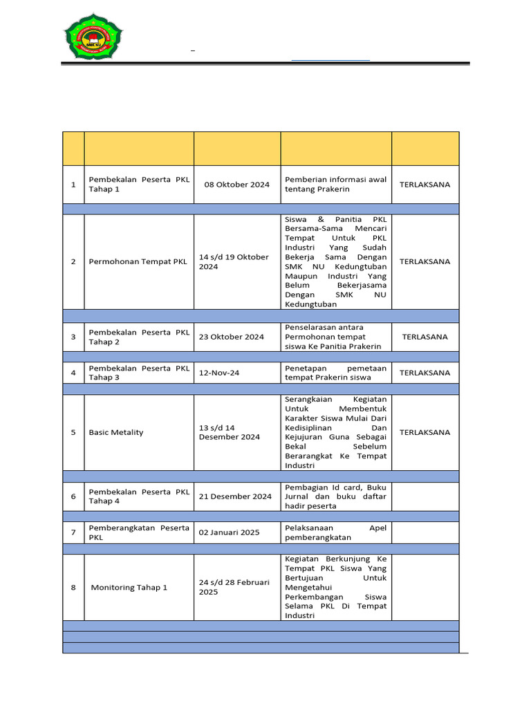 JADWAL PELAKSANAAN PKL (3) | PDF