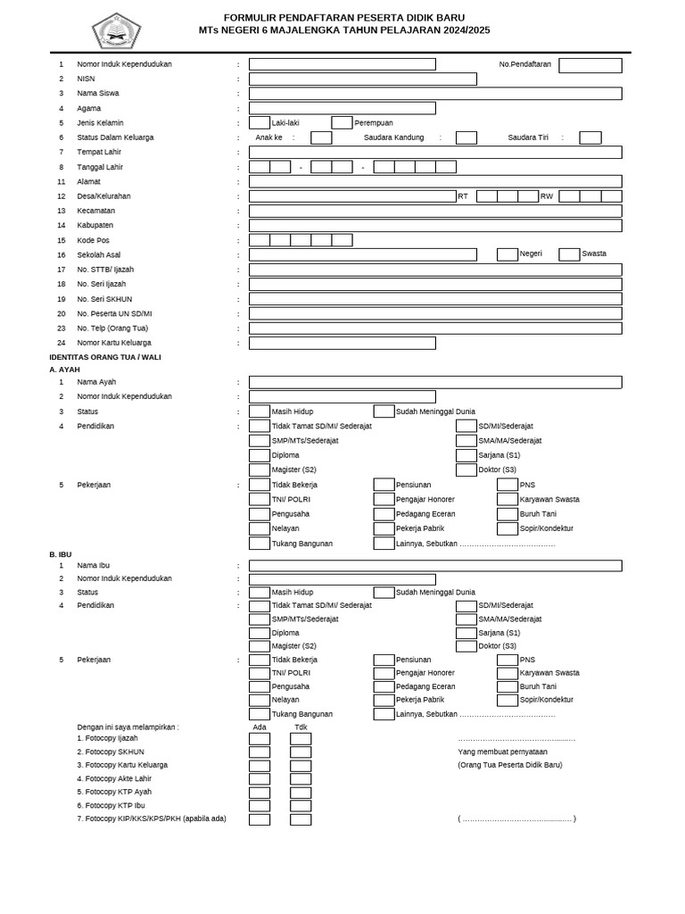 Formulir PPDB MTSN - 6 MJLK 2425 | PDF