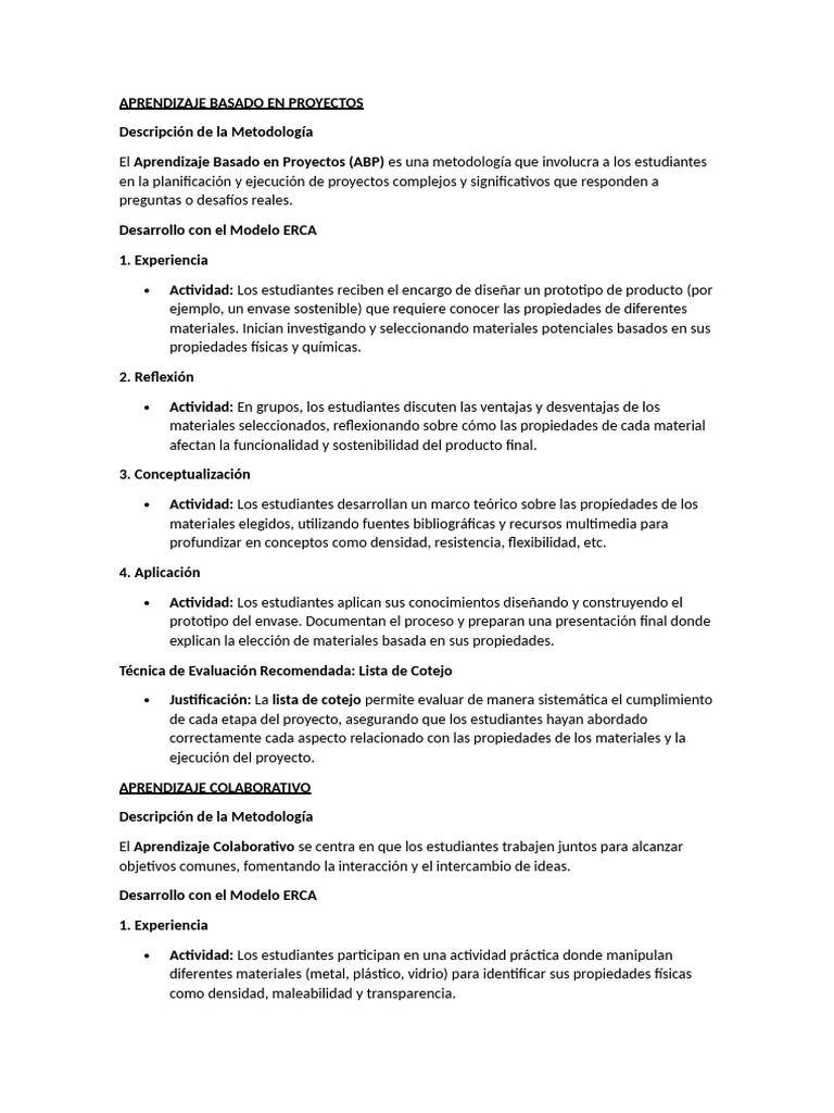 Metodologias de Aprendizaje Bajo El Modelo Erca | PDF | Aprendizaje | Evaluación
