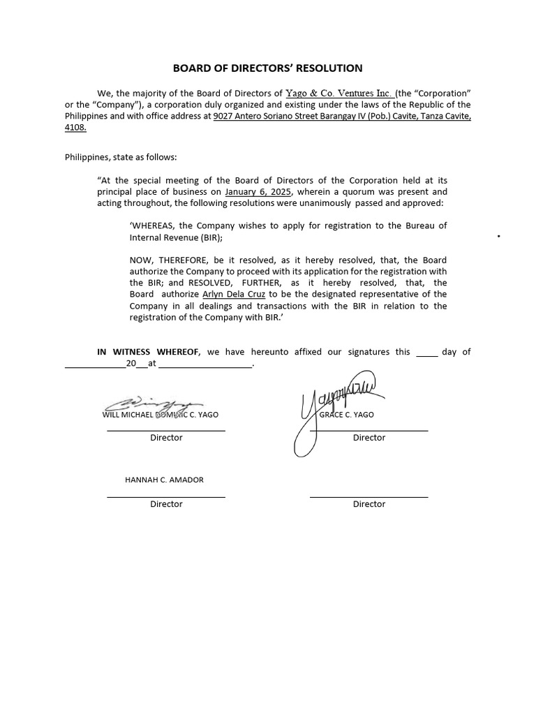 Yago & Co. BIR Registration Resolution | PDF