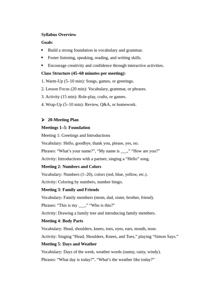 Syllabus ESL For Kids Class | PDF