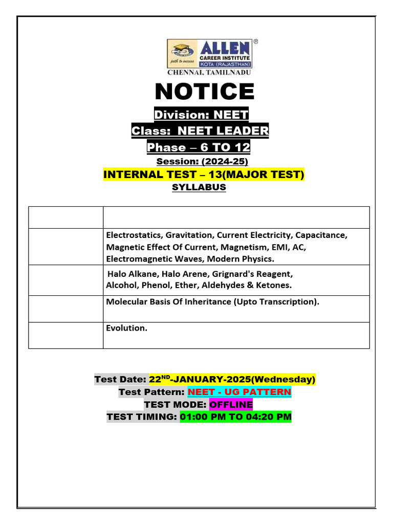 Class 13 - Neet Leader (Phase 6 To 12) - It 13 - 22 January 2025 Notice 1 | PDF
