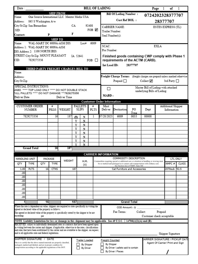 Load 28377707 BOL | PDF | Cargo | Consumer Goods