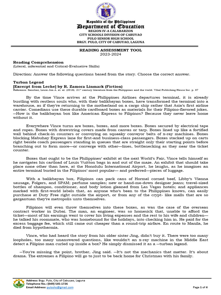 Pshs Reading Assessment 2023 2024 | PDF