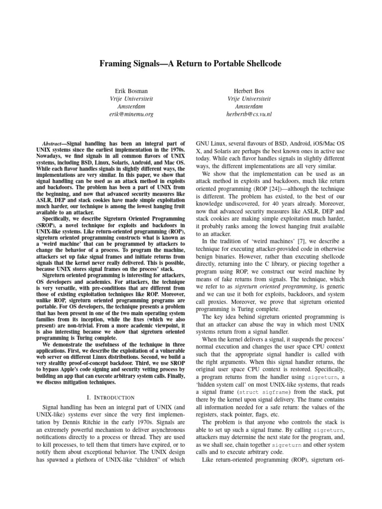 FramingSignals-AReturntoPortableShellcode | PDF | Kernel (Operating ...
