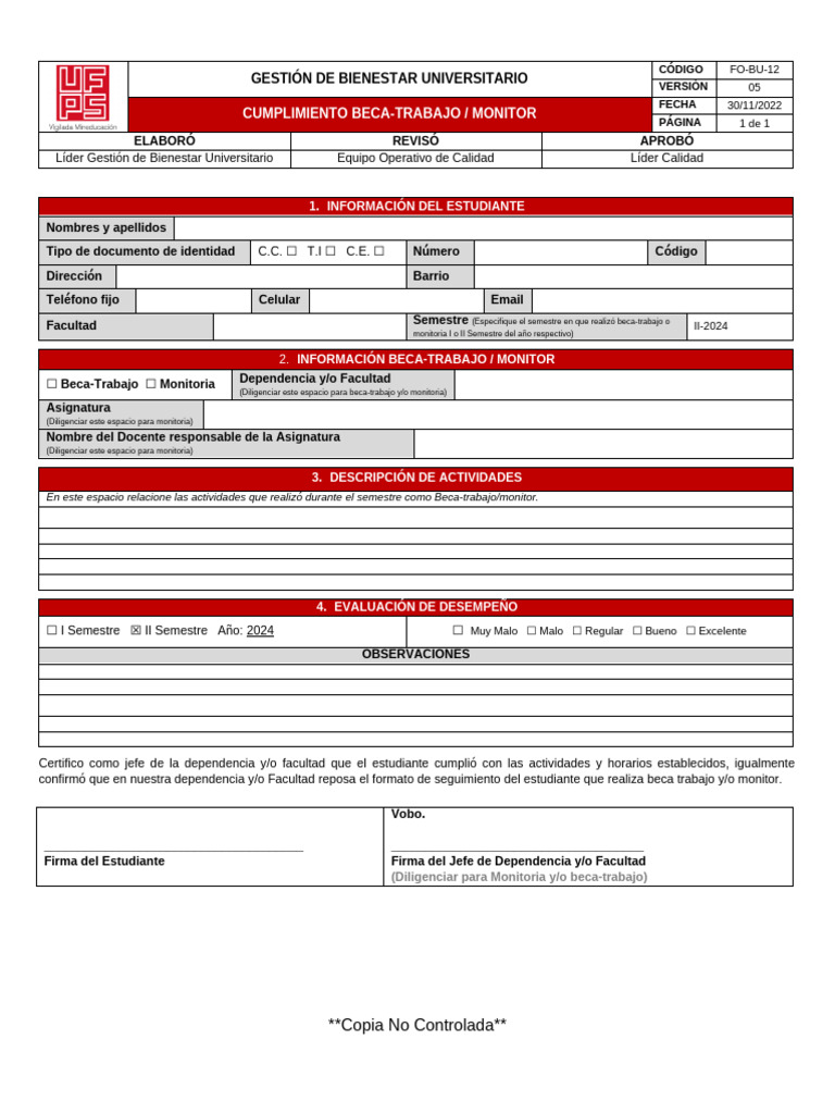 Fo-Bu-12 Cumplimiento Beca-Trabajo - Monitor | PDF