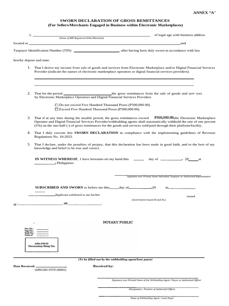 Sworn Declaration of Gross Remittances | PDF | Economies | Public Finance