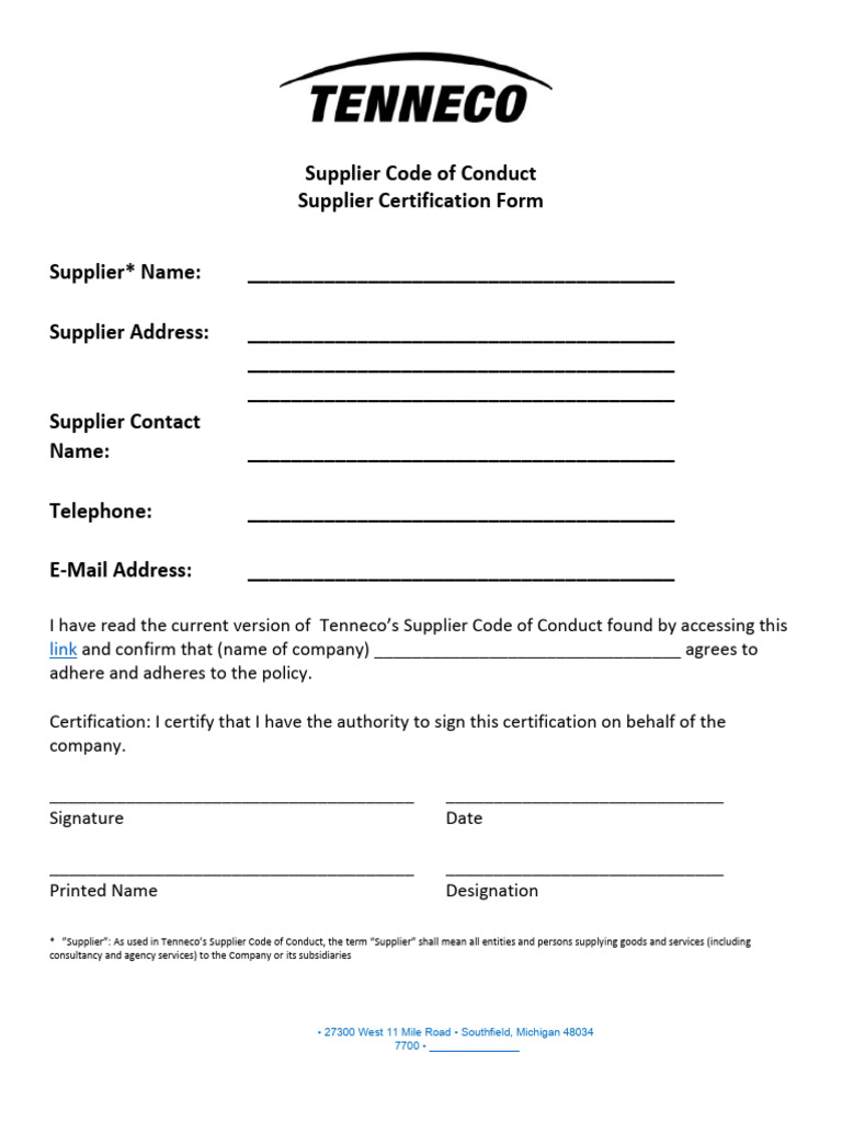 Tenneco Code of Conduct Supplier Certification Form | PDF