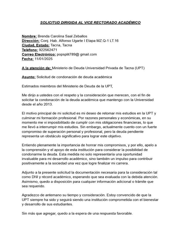Solicitud Dirigida Al Vice Rectorado Académico | PDF