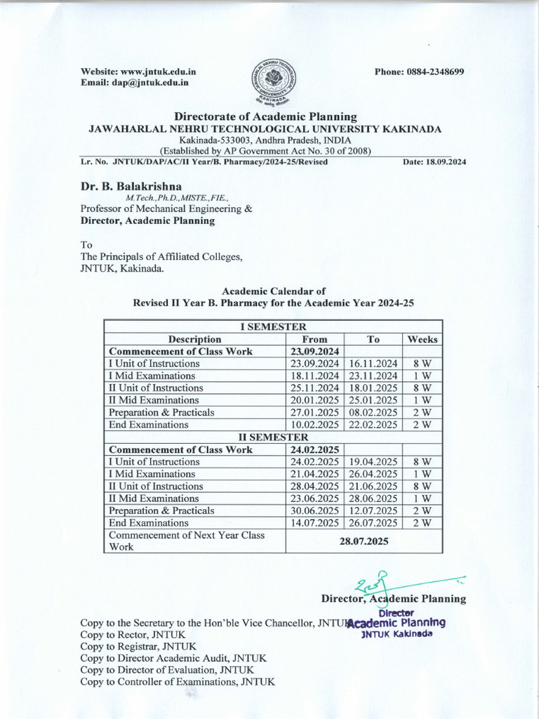 Revised Academic Calendar II B Pharmacy 2024 25 | PDF
