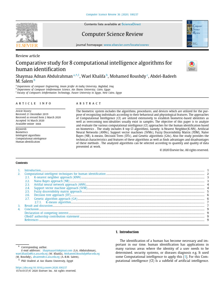 Comparative study for 8 computational intelligence algorithms for human identification | PDF ...