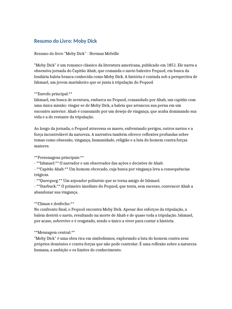 Resumo de Moby Dick: A Obsessão de Ahab | PDF