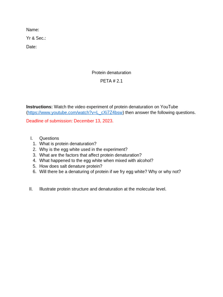 Protein Denaturation Study Guide | PDF