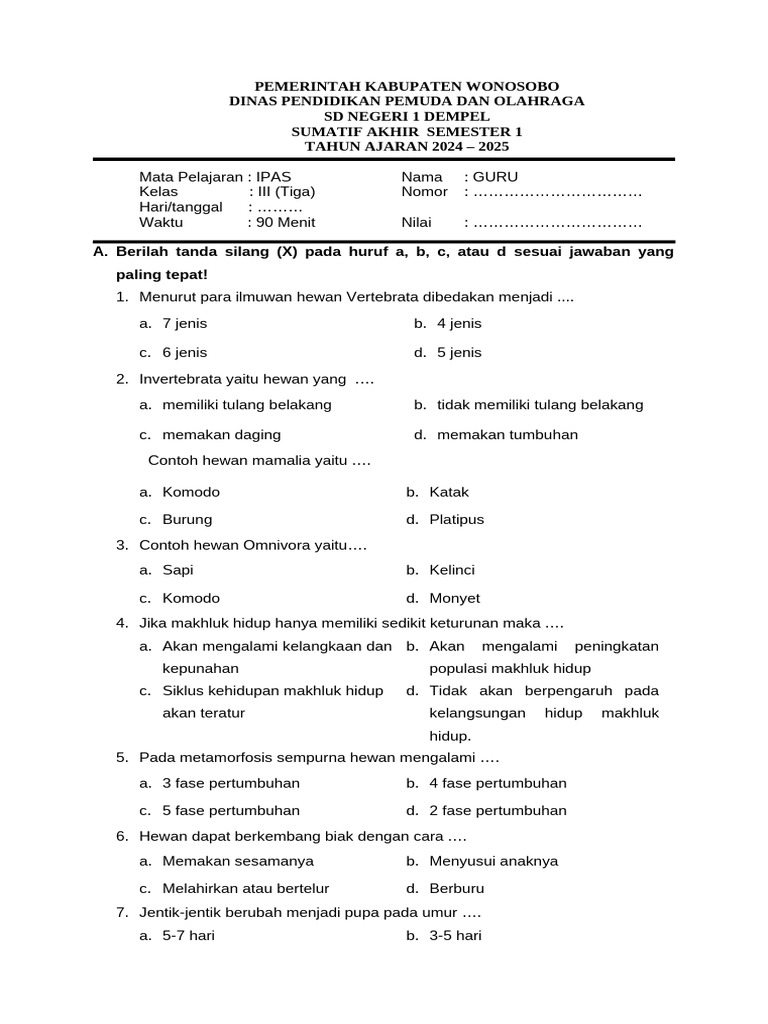 Soal Asas Ganjil IPAS Kelas 3 | PDF