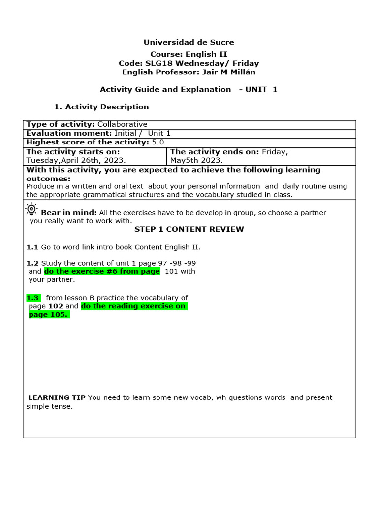English II Unit 1 Activity Guide | PDF