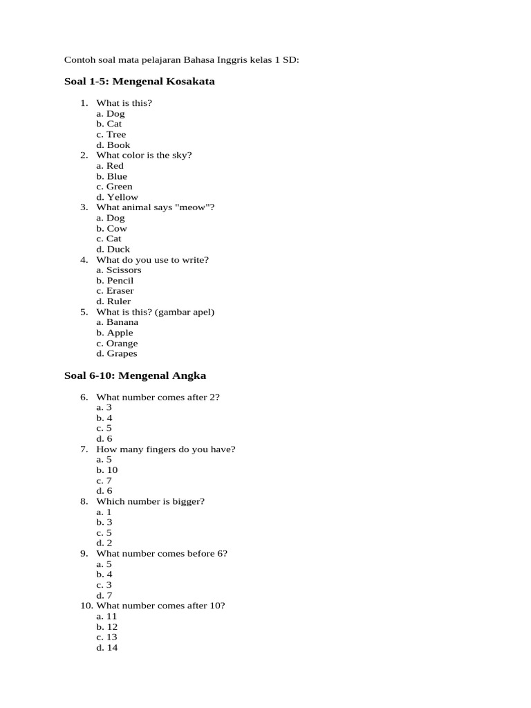 Soal Bahasa Inggris Kelas 1 Sd Pdf