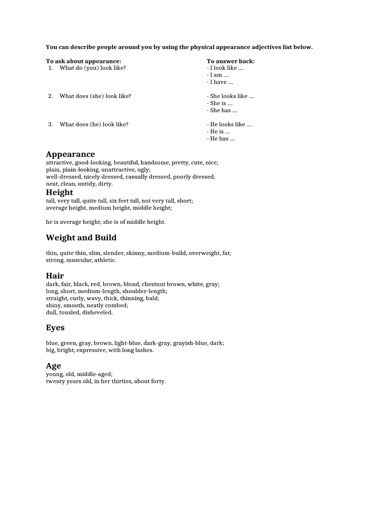 Adjective Physical Appearance | PDF | Human Appearance | Hair