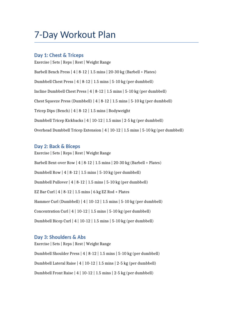 7 Day Workout Plan | PDF | Weight | Physical Fitness