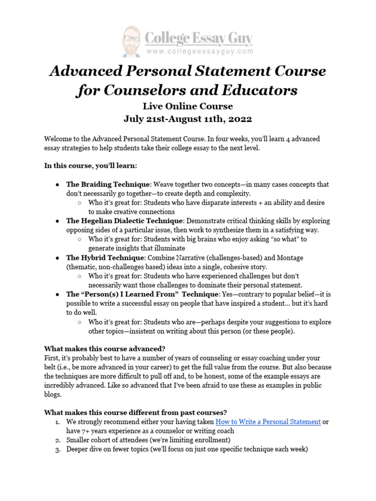 Syllabus - Advanced Personal Statement Course (Counselors) | PDF ...