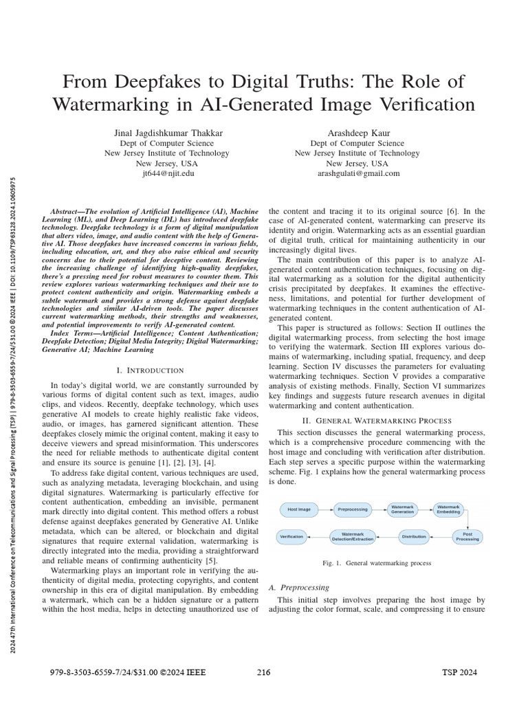 From Deepfakes To Digital Truths The Role of Watermarking in AI-Generated Image Verification ...