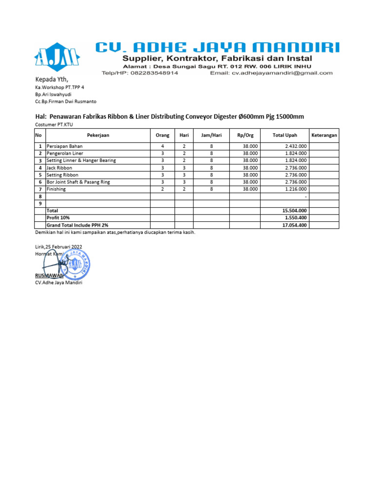 Penawaran AJM Distributing Conveyor Digester Dia 600mm PJG 15000mm PT KTU | PDF