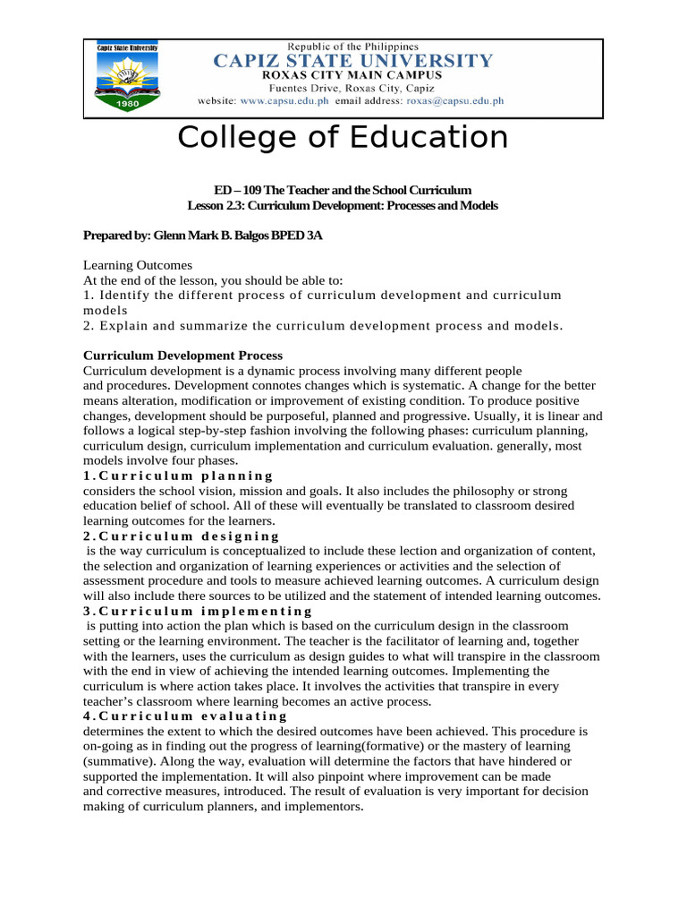 The Teacher and The School Curriculum Lesson 2.3 | PDF | Curriculum ...