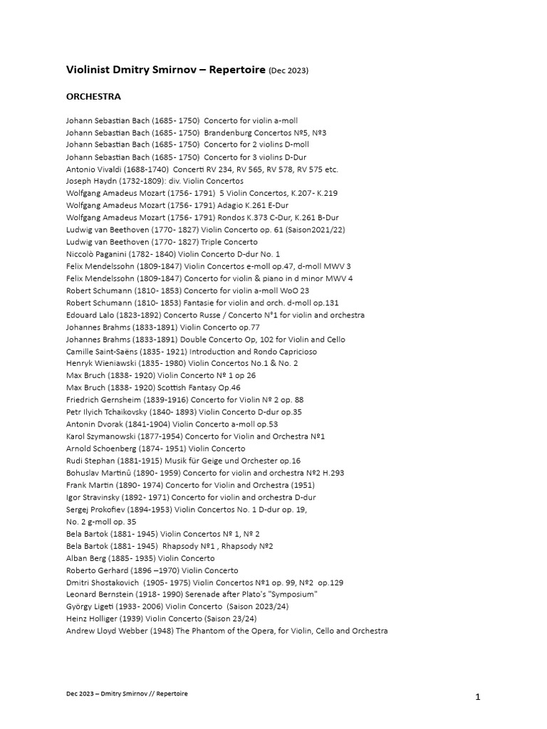 Repertoire Dmitry Smirnov | PDF | Concerto | Classical Music