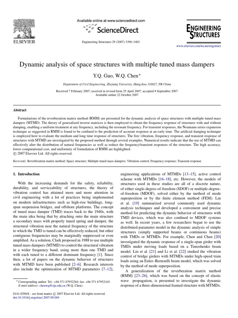 Dynamic Analysis of Space Structures With Multiple Tuned Mass Dampers | PDF | Matrix ...