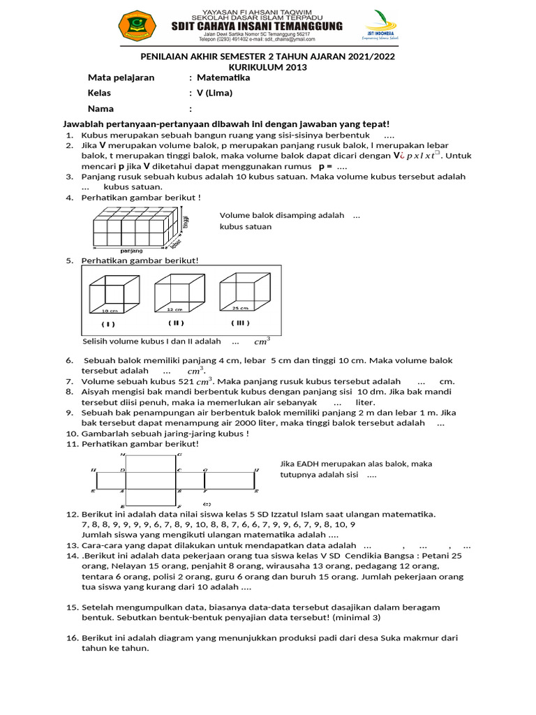 LATIHAN SOAL PAS 2 KLS 5 MATEMATIKA 21_22 | PDF