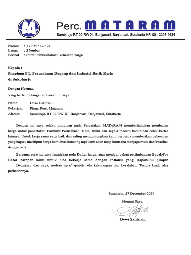 Surat Pemberitahuan Perubahan Harga 2025 | PDF