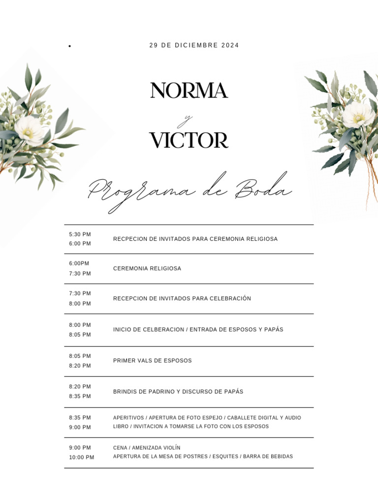 Programa de Boda: 29 de Diciembre 2024 | PDF
