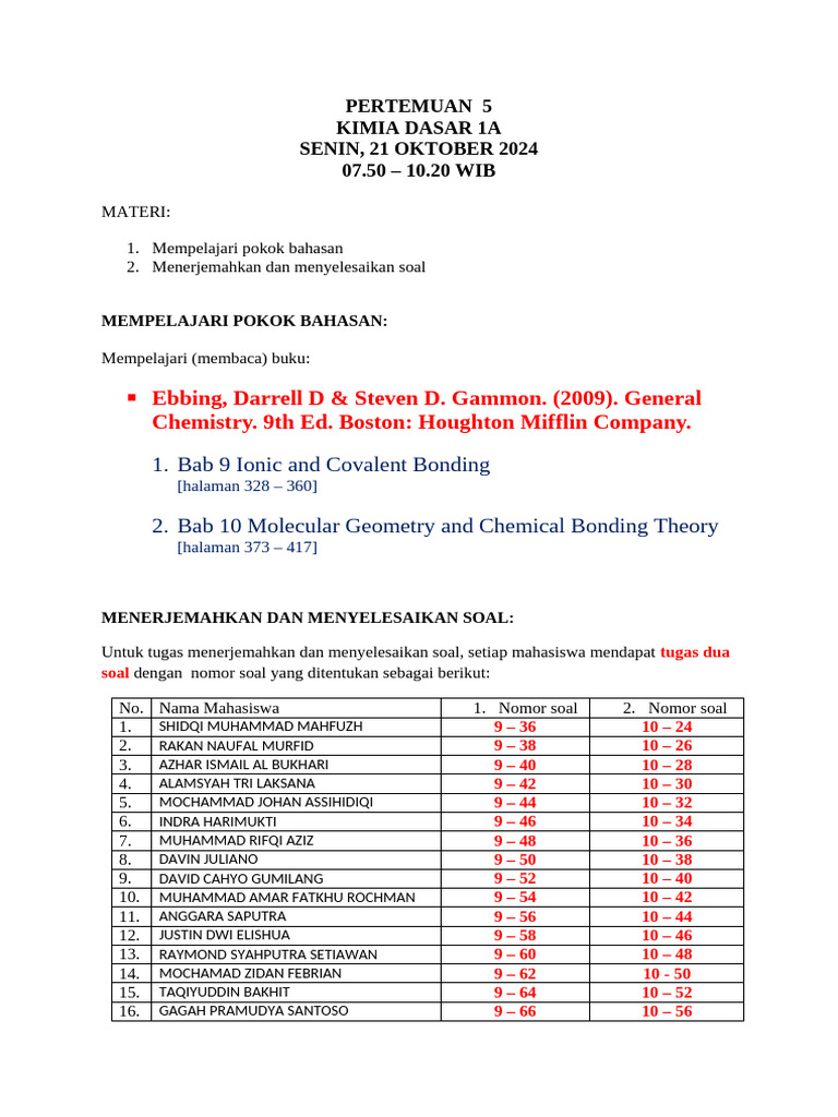 Tugas Kimia Dasar 1A Pertemuan 5 | PDF