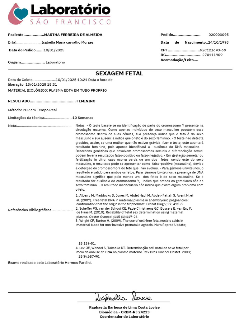 Resultado Do Exame de Sexagem Feral (1) .PDF - 20250117 - 224503 - 0000 | PDF | Sexo | Gêmeo