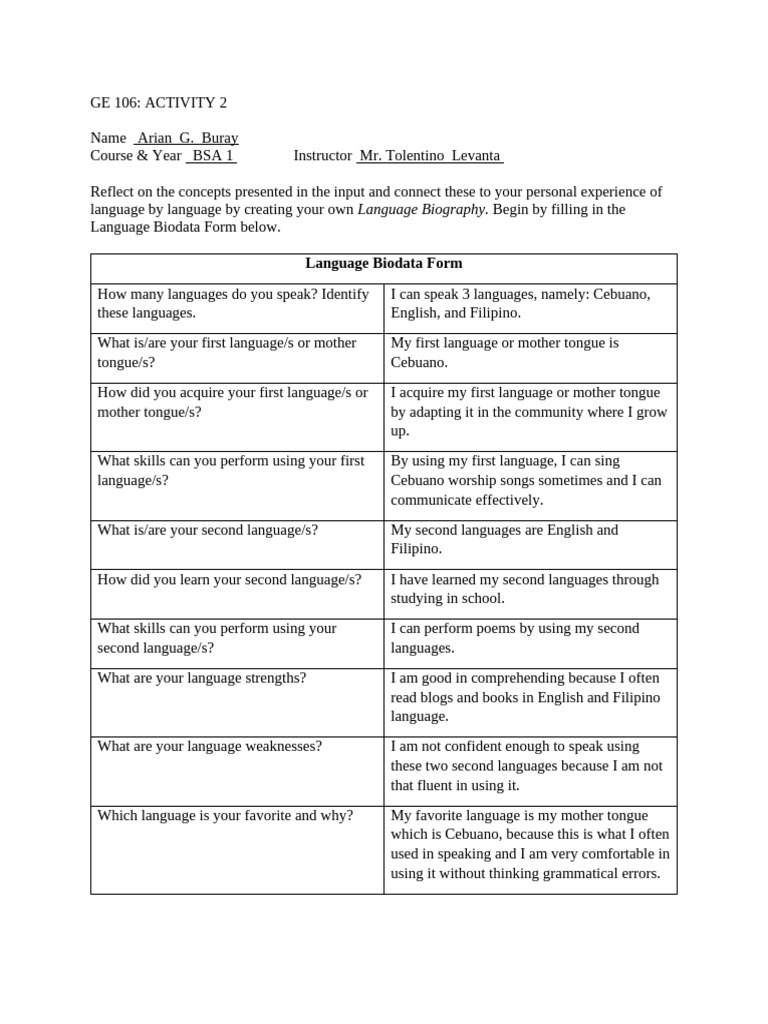 GE 106 ACTIVITY 2 - Buray, A | PDF | Second Language | First Language