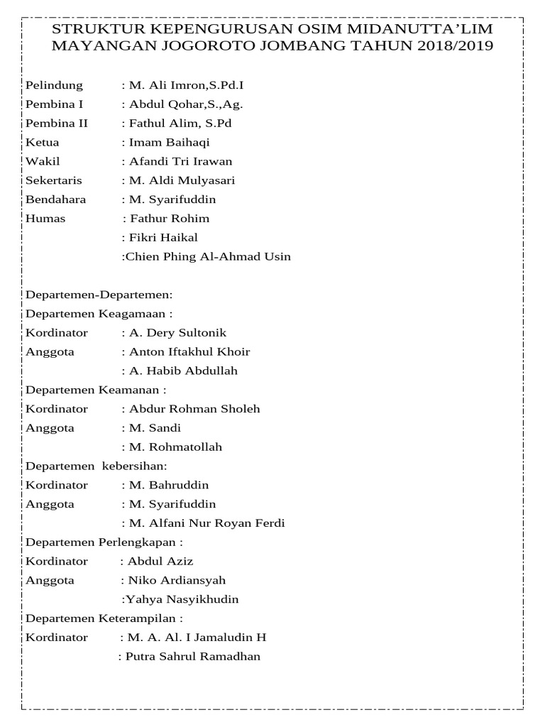 Struktur Kepengurusan Osim Midanutta | PDF