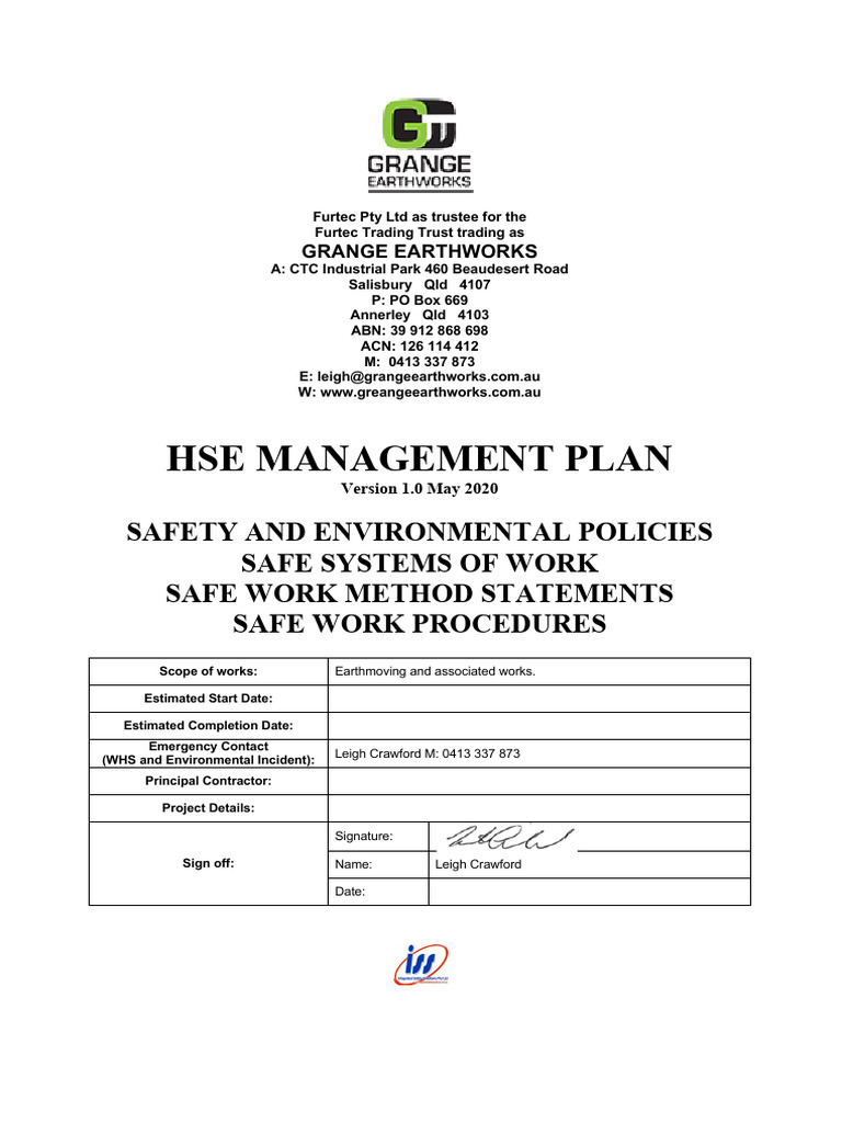 HSE Management Plan Version 10 140520 - 230922 - 202428 | PDF ...