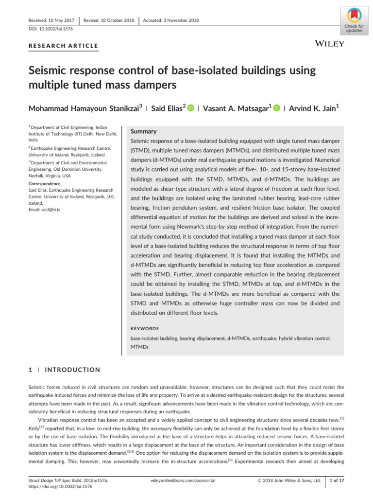 Seismic response control of base‐isolated buildings using multiple tuned mass dampers | PDF ...