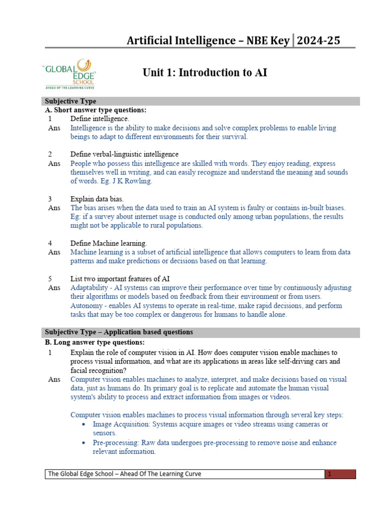 Gr X_Unit 1_Introduction to AI_NBE Key | PDF | Artificial Intelligence ...