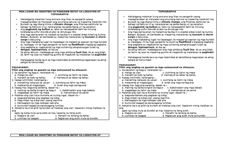 AP_MGA LUGAR NA SENSITIBO SA PANGANIB BATAY SA LOKASYON | PDF