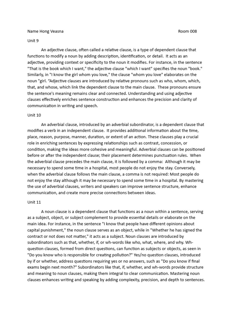 Name Hong Veasna Room 008 | PDF | Clause | Adjective