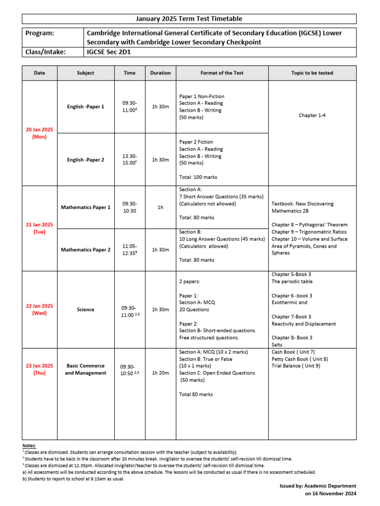 _IGCSE__Sec_2D1_Term_3_Term_Test_Timetable_2025 | PDF