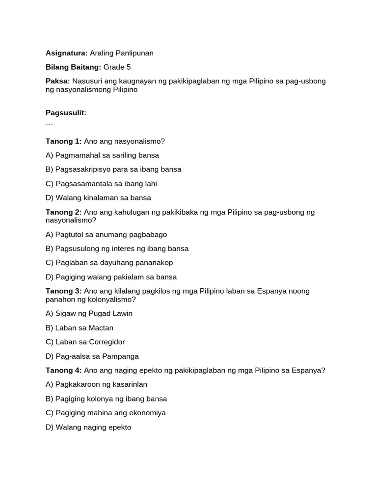 Quiz - Araling Panlipunan 5 | PDF